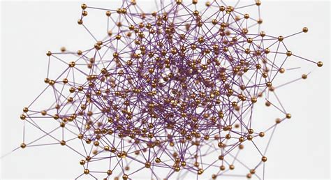 Complex Network Of Interconnected Golden Nodes Linked By Thin Purple Lines Stock Illustration