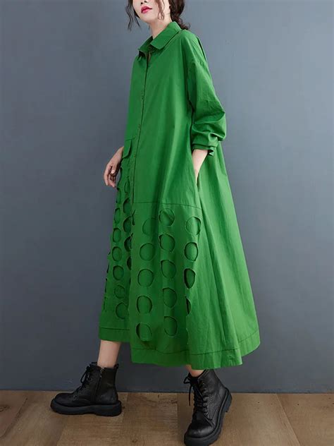 A Line Long Sleeves Asymmetric Hollow Polka Dot Solid Color Lapel Midi Dresses