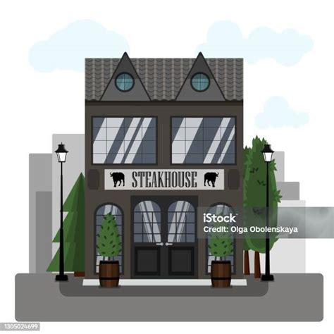 스테이크하우스 외부 벡터 일러스트레이션 외관의 플랫 디자인 레스토랑 건물 개념 유럽 스타일의 회색 2 층 레스토랑 도시 거리의 그림 정육점 가게 외관 고기 거리 시장 건물