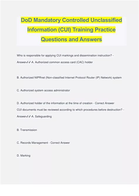 Dod Mandatory Controlled Unclassified Information Cui Training Practice Questions And Answers