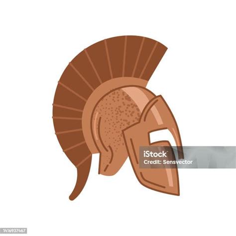 고대 전사 또는 스파르타 전투기의 무기 로마 또는 그리스 시대의 전투원의 고립 된 헬멧 골동품 문화 전투 및 싸움 플랫 스타일의