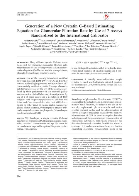 Pdf Generation Of A New Cystatin C Based Estimating Equation For Glomerular Filtration Rate By