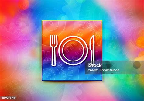 포크와 나이프 아이콘 추상 화려한 배경 보케 디자인 일러스트와 접시 식사 도구에 대한 스톡 벡터 아트 및 기타 이미지 식사