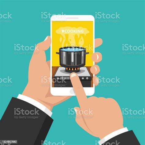 화면에 요리 응용 프로그램과 함께 스마트 폰을 들고 손 냄비에 물을 끓입니다 물과 증기로 난로에 냄비를 요리 플랫 만화 스타일 벡터 그림입니다 Brand Name Smart