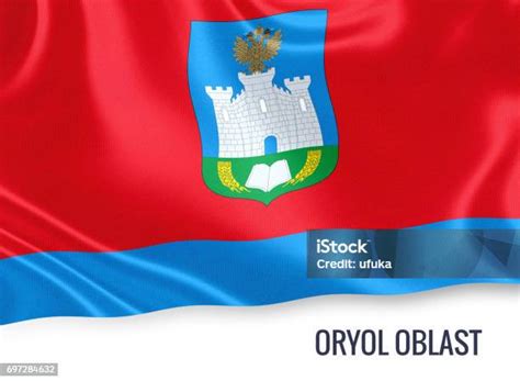 러시아 국가 오룔 주 격리 된 흰색 바탕에 흔들며 깃발 주 이름 깃발 아래 포함 되어 있습니다 3d 렌더링입니다 0명에 대한