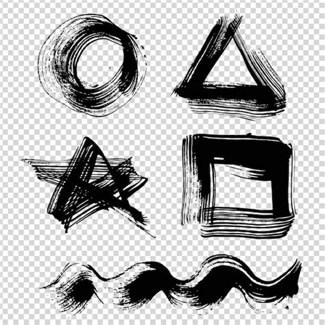 모조 투명 배경에 검은색 다른 모양삼각형 원 스타 사각형 웨이브 두꺼운 브러시 질감 선 프리미엄 벡터