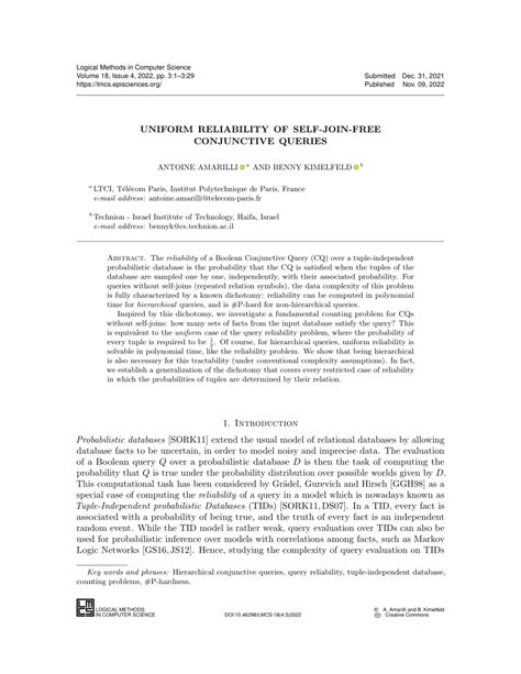 Pdf Uniform Reliability Of Self Join Free Conjunctive Queries