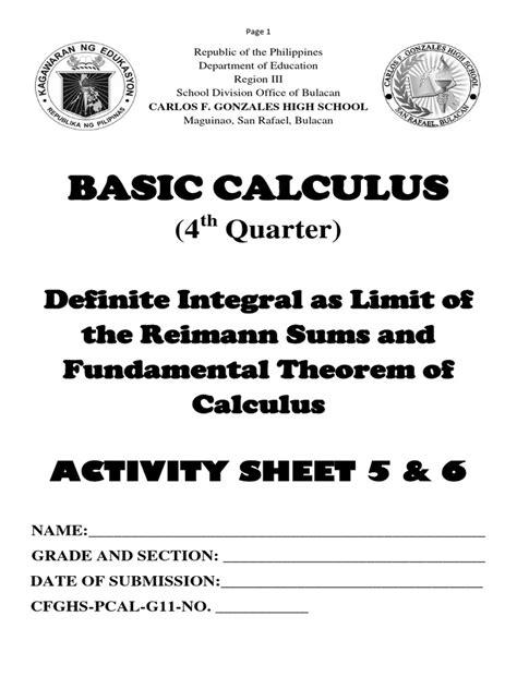 Activity Sheet Basic Calculus Week 5 6 Q4 Pdf Integral Calculus