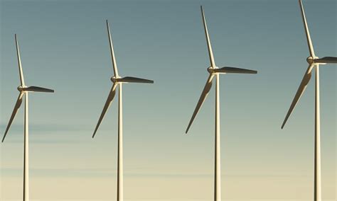 새벽 하늘을 재생 가능 발전소로 삼아 바다에서 가정을 위해 전기를 생산하기 위해 회전하는 풍력 터빈 깨끗하고 지속 가능한 에너지 개념 3d 그림 렌더링 0명에 대한 스톡