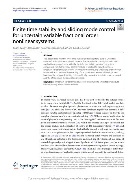 PDF Finite Time Stability And Sliding Mode Control For Uncertain Variable Fractional Order