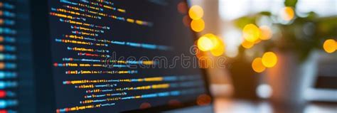Secure Software Development Code And Programming On Computer Screen In Warm Lit Workspace Stock