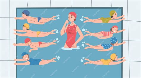 Niños Lindos Nadando En La Piscina En La Clase Mujer Entrenadora De