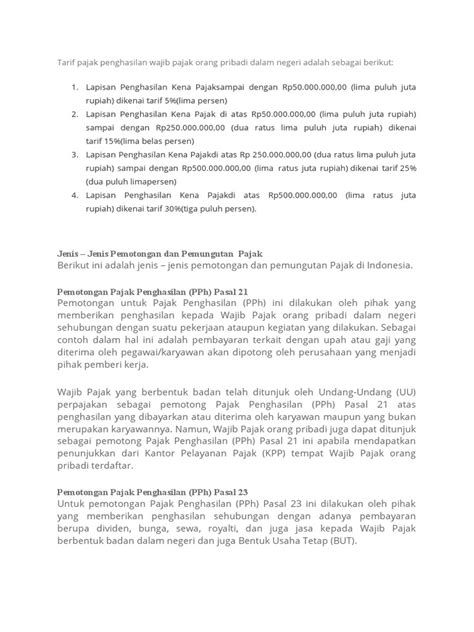 Tarif Pajak Penghasilan Wajib Pajak Orang Pribadi Dalam Negeri Adalah
