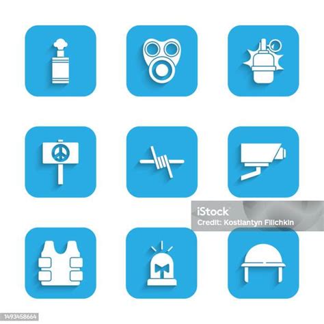 철조망 점멸 사이렌 군용 헬멧 보안 카메라 방탄 조끼 평화 수류탄 및 아이콘을 설정하십시오 벡터 경찰관에 대한 스톡 벡터 아트 및 기타 이미지 Istock