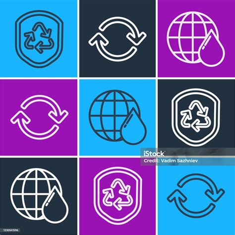 세트 라인 방패 내부 기호를 재활용 물 방울과 새로 고침 아이콘에 지구 행성 벡터 개념에 대한 스톡 벡터 아트 및 기타 이미지