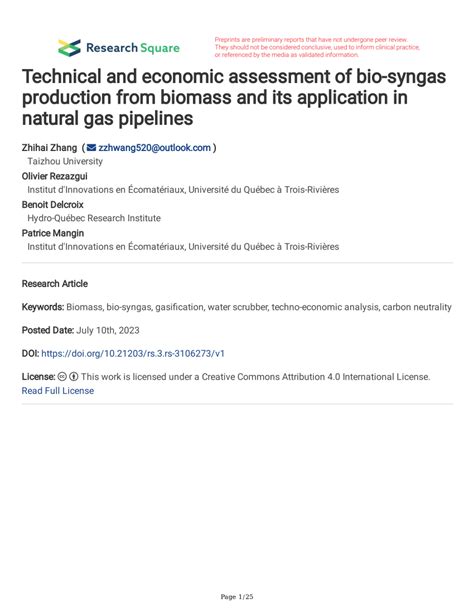 Pdf Technical And Economic Assessment Of Bio Syngas Production From Biomass And Its