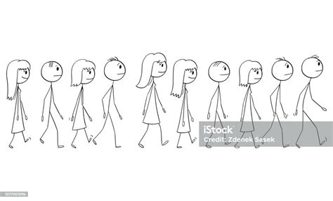 함께 걷는 사람들의 그룹 또는 군중 벡터 만화 스틱 그림 또는 캐릭터 그림 스틱피겨에 대한 스톡 벡터 아트 및 기타 이미지 스틱피겨 걷기 단체 Istock