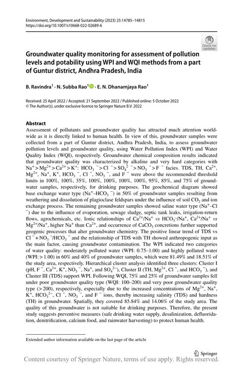 Groundwater Quality Monitoring For Assessment Of Pollution Levels And Potability Using Wpi And