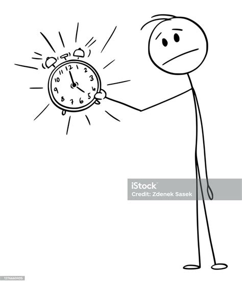 좌절 불행한 남자 또는 울리는 알람 시계를 들고 사업가의 벡터 만화 그림 시간 관리 웨이크 업 및 마감일의 개념 스틱피겨에 대한 스톡 벡터 아트 및 기타 이미지 Istock