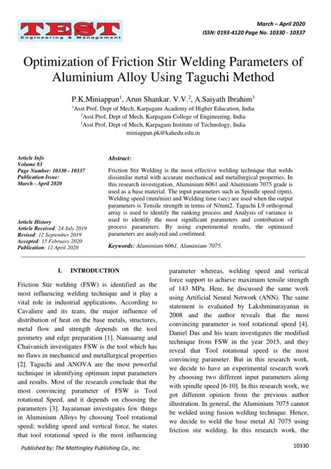 Pdf Optimization Of Friction Stir Welding Parameters Of Aluminium Alloy Using Taguchi Method