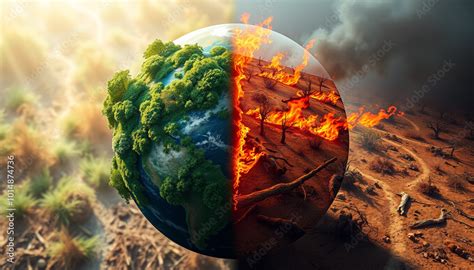 A Powerful Split Image Showing One Side Of The Earth As A Lush Green