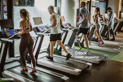 헬스 클럽에 디딜 방 아에서 실행 하는 운동 사람들의 그룹입니다 보철 장비에 대한 스톡 사진 및 기타 이미지 보철 장비 달리기 조깅 Istock