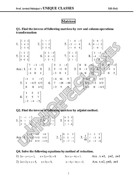matrices hw 1 prof arvind mahajan s unique classes xii sci matrices q1 find the inverse of