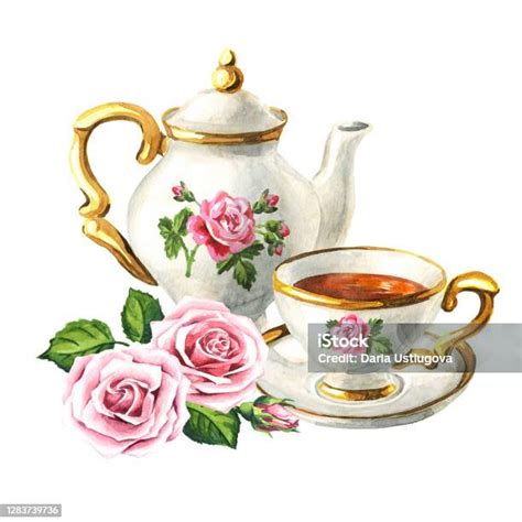 주전자 차 한 잔 장미 꽃 흰색 배경에 고립 된 손으로 그린 수채화 그림 건강관리와 의술에 대한 스톡 벡터 아트 및 기타 이미지 건강관리와 의술 건강한 생활방식 꽃