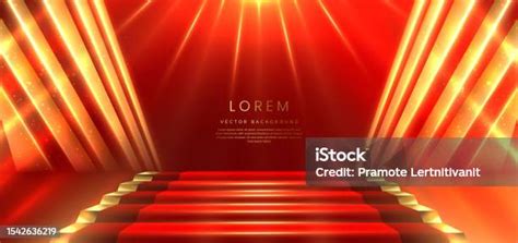 금색 대각선으로 빛나는 조명 효과와 반짝임이 있는 우아한 빨간색 무대 템플릿 프리미엄 어워드 디자인 무대에 대한 스톡 벡터 아트