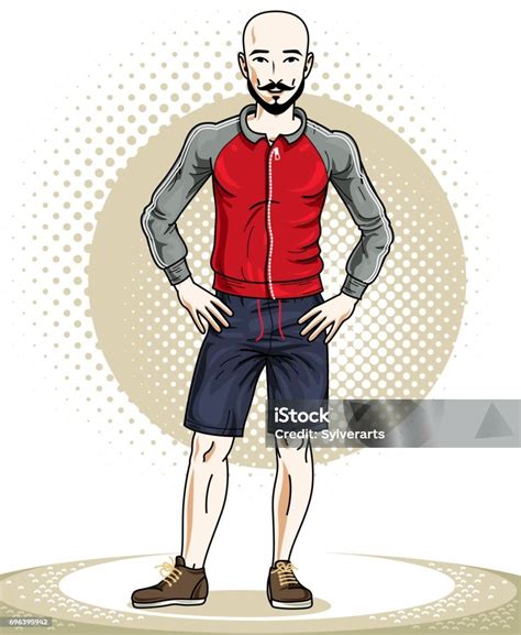 잘생긴 대머리 젊은 남자 서 수염 및 수염 스포츠맨의 벡터 그림입니다 적극적이 고 건강 한 라이프 스타일 테마의 만화 건강한 생활방식에 대한 스톡 벡터 아트 및 기타 이미지