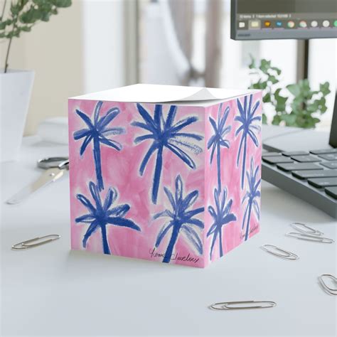 Pink Blue Palms Sticky Note Cube Yvonne Claveloux Art