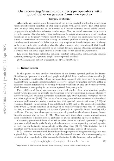 Pdf On Recovering Sturm Liouville Type Operators With Global Delay On Graphs From Two Spectra