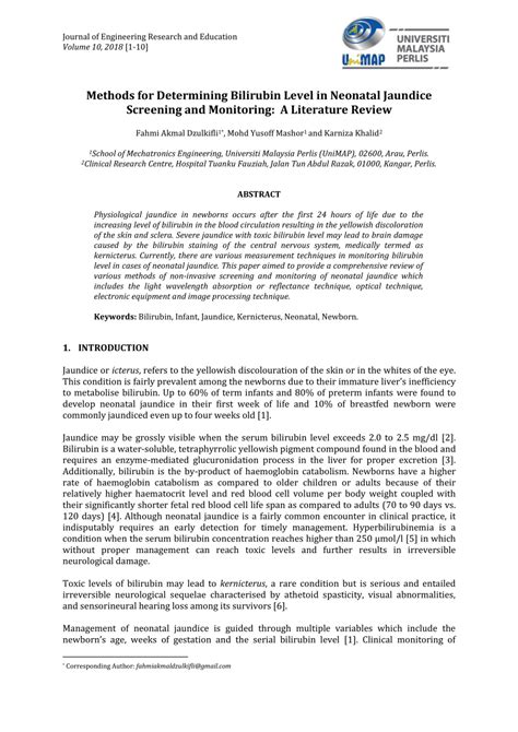 Pdf Methods For Determining Bilirubin Level In Neonatal Jaundice Screening And Monitoring A