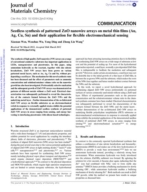 Pdf Seedless Synthesis Of Patterned Zno Nanowire Arrays On Metal Thin