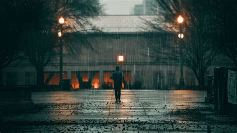 Wallpaper Id 5712 Man Rain Loneliness Sad Walk Street City 4k