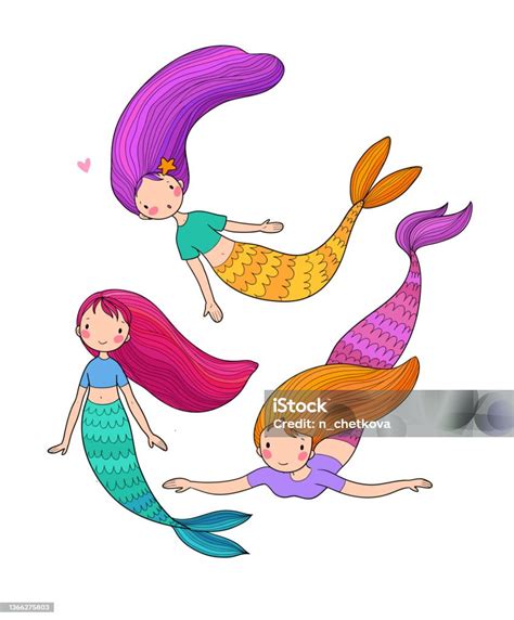 귀여운 만화 인어 사이렌 바다 테마 벡터 그림입니다 물고기 꼬리와 아름다운 만화 소녀 0명에 대한 스톡 벡터 아트 및 기타 이미지 Istock