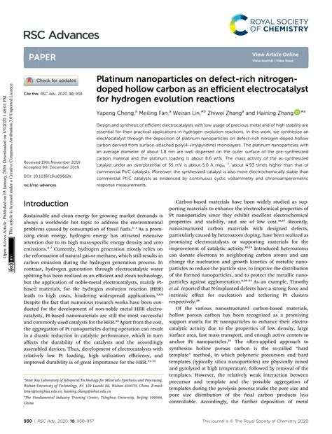 Pdf Platinum Nanoparticles On Defect Rich Nitrogen Doped Hollow