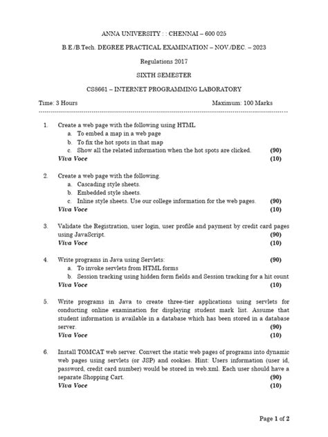 Cs8661 Ip Lab R 2017 Qp Pdf World Wide Web Internet And Web