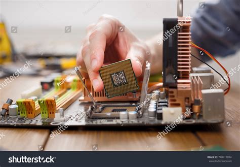 Technician Plug Cpu Microprocessor Motherboard Close Stock Photo Shutterstock