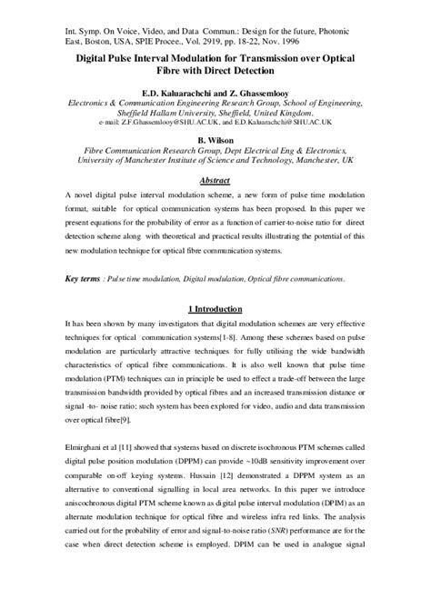 Pdf Digital Pulse Interval Modulation For Transmission Over Optical