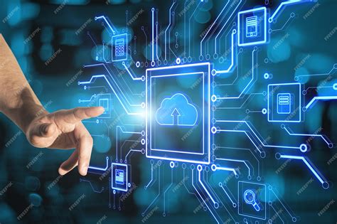 Premium Photo Male Hand Pointing At Abstract Glowing Circuit Cloud Computing Interface On