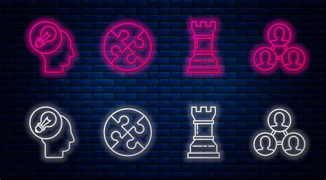 퍼즐 비즈니스 전략 램프 전구 및 프로젝트 팀 기반과 인간의 머리의 세트 라인 조각 벽돌 벽에 빛나는 네온 아이콘입니다 벡터 개념에 대한 스톡 벡터 아트 및 기타 이미지