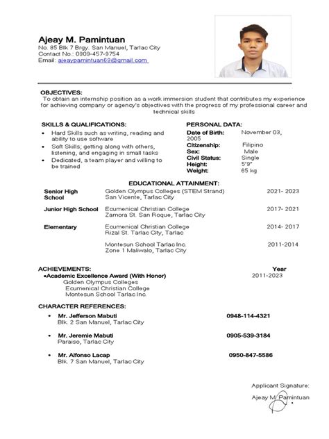 Resume Work Immersion Pdf Cognition Behavior Modification