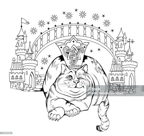 흑백 페이지 색칠하기 책입니다 이상한 나라 고양이와 그의 왕국의 판타지 일러스트레이션 직물과 어린이 동화에 대한 인쇄 어린이와 성인을 위한 그림 그리기와 명상을 위한