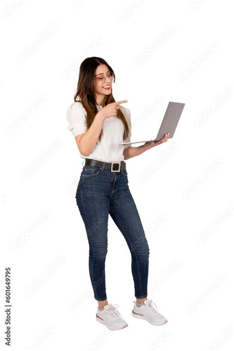 Woman Pointing Laptop Full Body Studio Shot Of Beautiful Woman Pointing Laptop Standing Lady