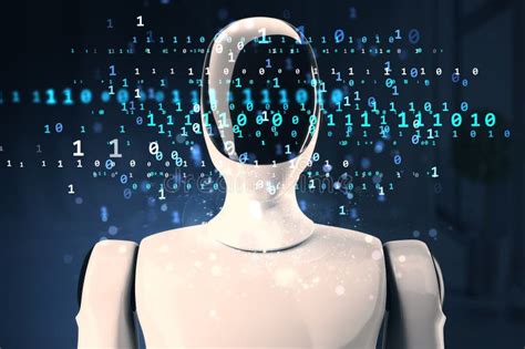 Futuristic Humanoid Robot With Digital Binary Code Floating Around 3d Rendering Stock