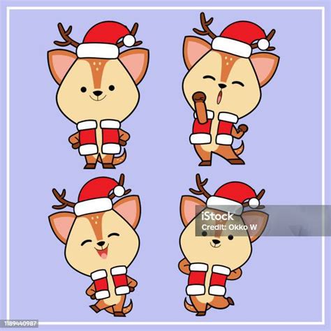 크리스마스 모자 컬렉션 귀여운 가와이 이 손으로 그린 사슴 캐릭터 일러스트 세트 2 개체 그룹에 대한 스톡 벡터 아트 및 기타