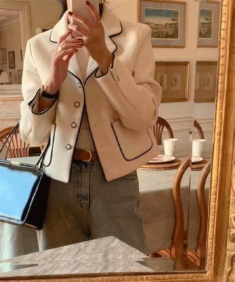 신상자켓🌹활용도굿 카이미 라인 포인트 카라 버튼 포켓 세미크롭 데일리 트위드 자켓 에이블리