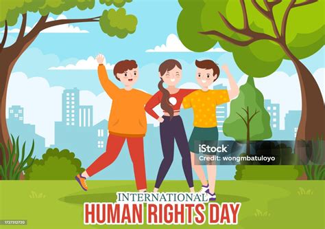 12월 10일 세계 인권의 날 벡터 일러스트레이션 다양한 인종을 위한 사슬을 끊다 자유와 평화를 위해 단결한 사람들 International Human Rights Day에