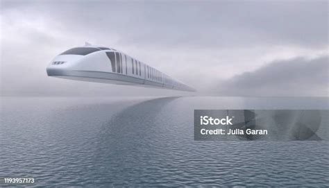 미래열차는 항공 노선의 수면 위로 날아갑니다 미래의 비행 운송 환경 친화적 인 기술 개념적 창조적 인 그림 공간을 복사합니다